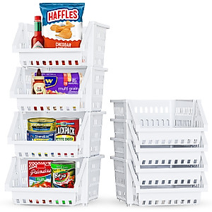 Skywin Plastic Stackable Storage Bins for Pantry - 4-Pack Small Open Front Storage Bins For Toy Organizers and Storage Bins For Pantry, Kitchen, and Bathroom Essentials (White)