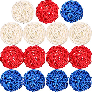 15 Pieces 1.8 inch 4th of July Wicker Rattan Balls Patriotic White Blue Red Decorative Ball Vase Bowl Fillers Natural Sphere Orbs Table Decoration for Independence Memorial Day Home Garden Party Decor