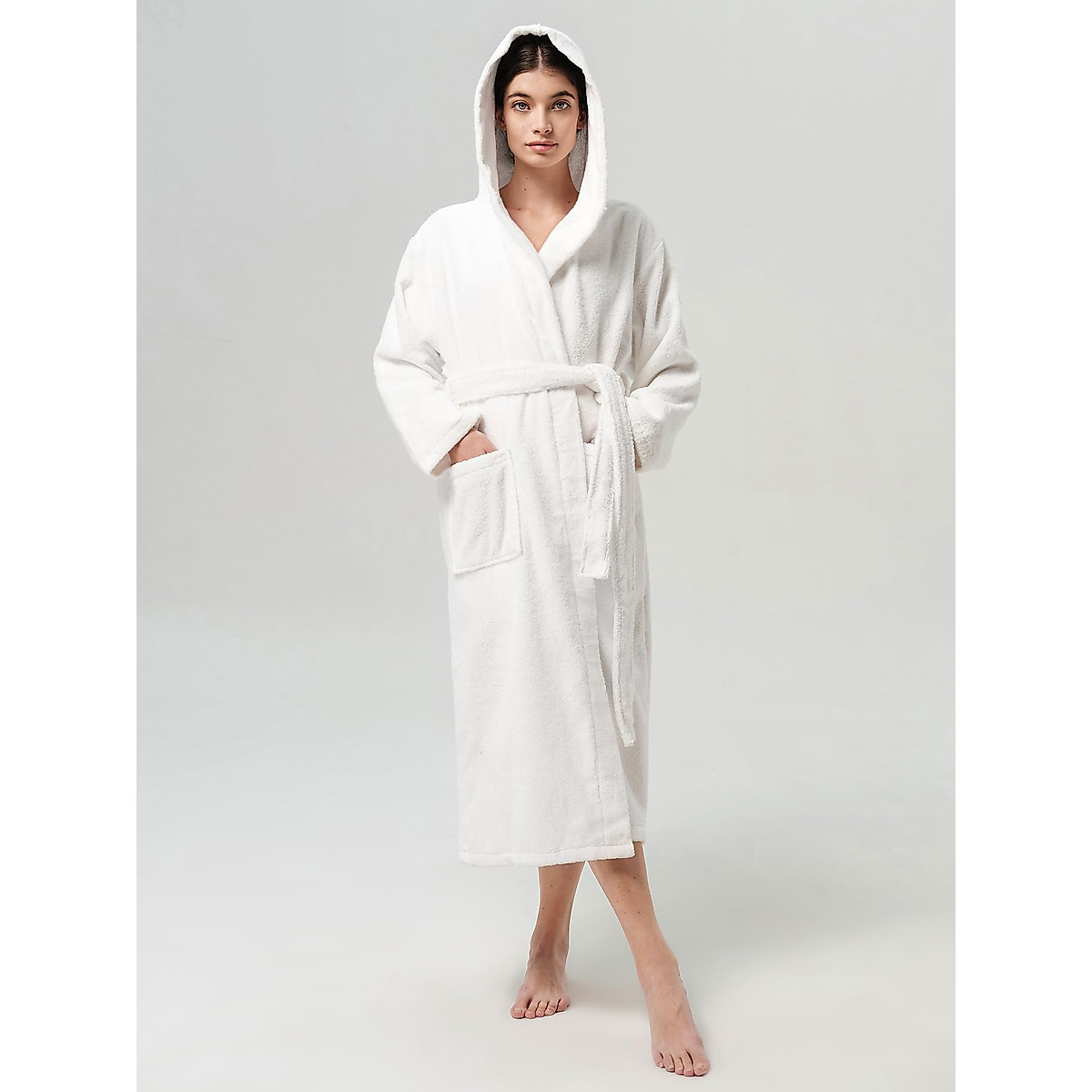 SIORO Terry Cloth Robes for Women Hooded Full Length Bathrobe Towel Cotton Fur Night Gown Spa Hotel Shower Bath Cozy Sleepwear, White Medium