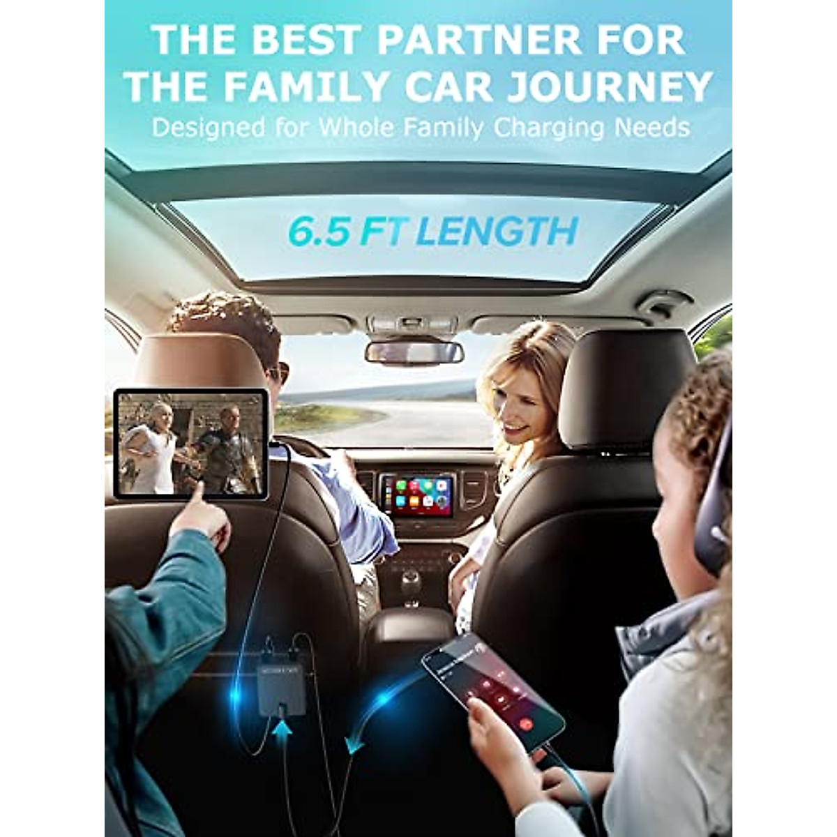 USB C Car Charger，SUMKUMY 74W Fast Car Phone Charger PD&QC3.0 with 6.5ft Cable for Back Seat Charging，4 Multi Ports Cigarette Lighter Adapter for iPhone 13/12/11，Samsung Galaxy S22/21，Google Pixel