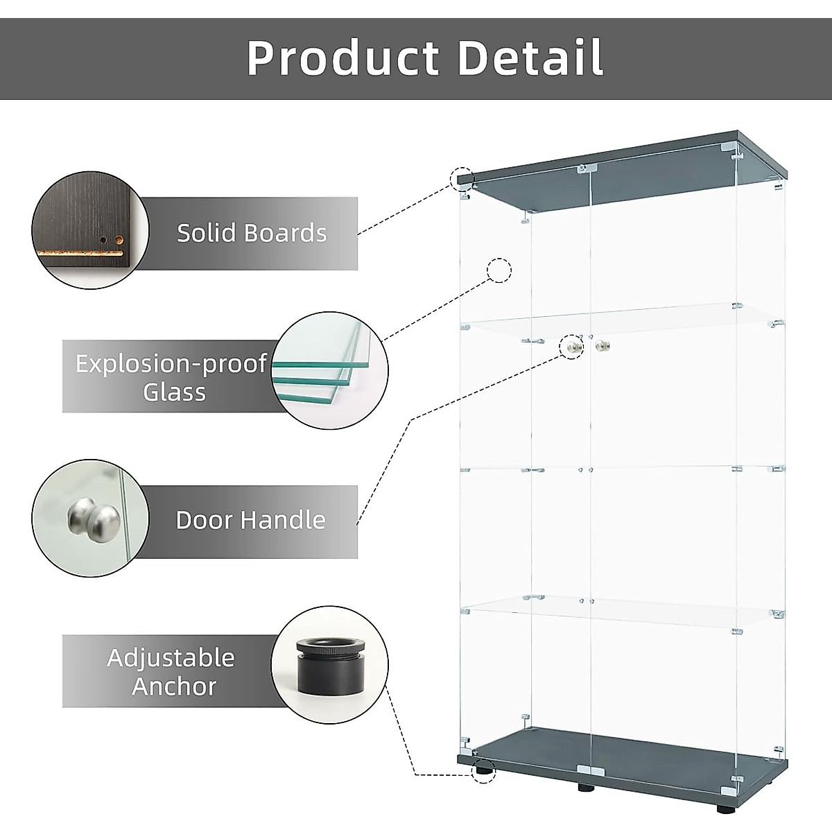 LFT HUIMEI2Y Glass Display Cabinet 4-Shelf with Double Door, Curio Cabinets Fast Installation in 30 Mins, Tempered Glass Floor Standing Bookshelf for Bedroom, Living Room 64.7”x 32”x 14.4” Black