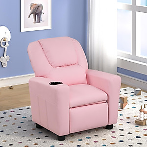 anwickjeff Modern PU Leather Kids Recliner Chair with Cup Holder, Adjustable 2-in-1 Kids Single Couch for Boys Girls (Pink)