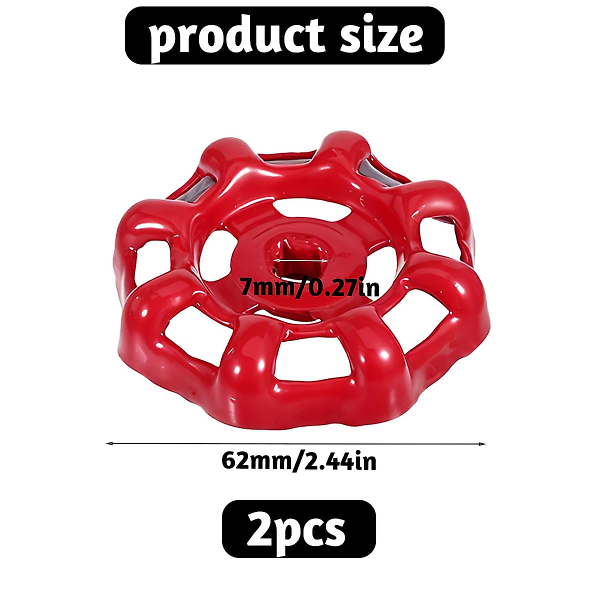 Piriuuo 2 Pcs Outdoor Faucet Handle, 7x7mm Hose Bib Handle Round Wheel Water Valve Handle Square Stem Faucet Handle Replacement Iron Water Spigot Handle (Red)