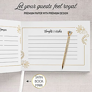 B&F Guest Book for Wedding, Guest Book Wedding Reception with Gold Diamond Crystal Pen with Holder, 9" x 6" White Polaroid Guest Book with 60 Sheets (120 Pages)