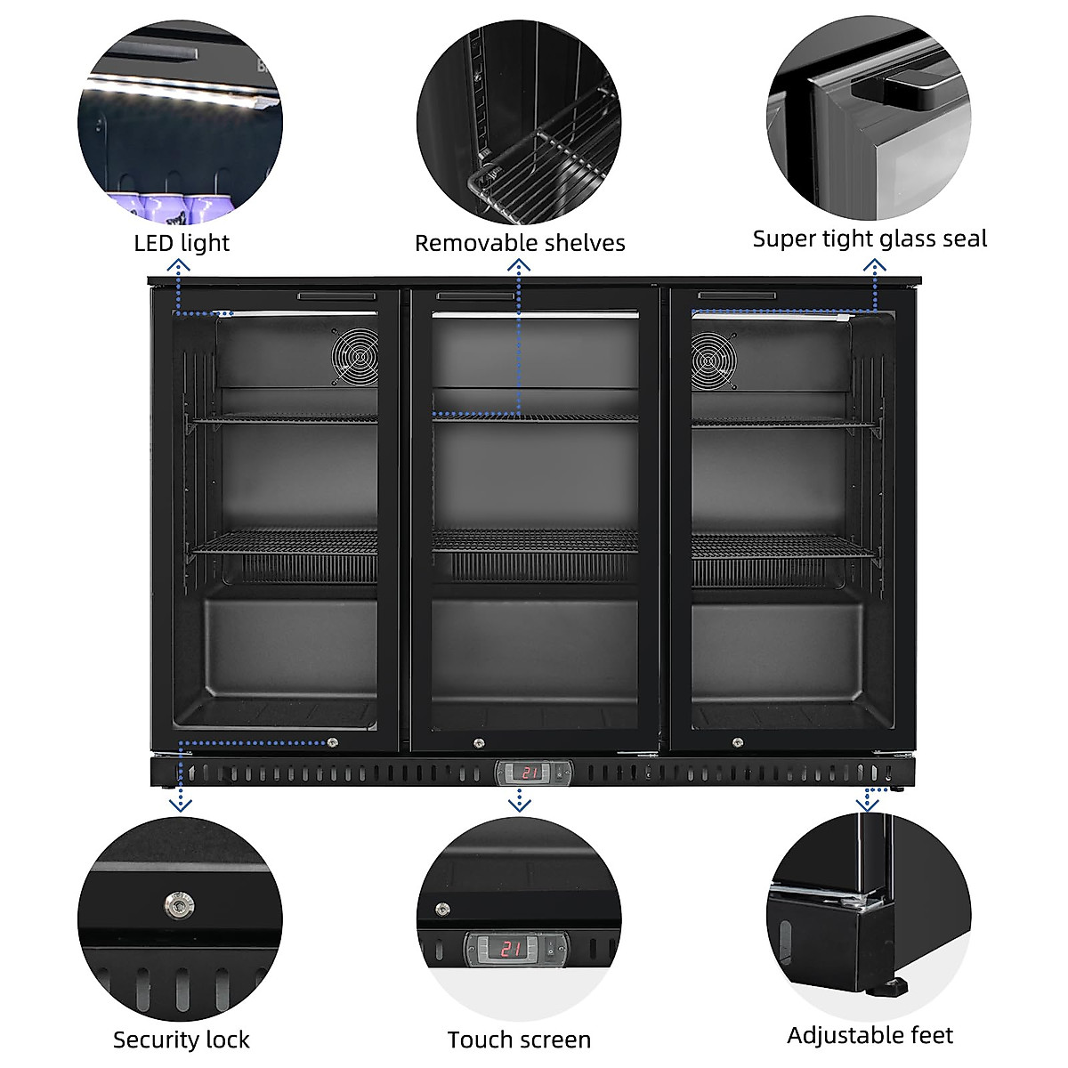 BLUELINETECH Back Bar Cooler, 3 Glass Door Commercial Beverage Cooler Undercounter Refrigerator with LED Lighting, 11.5 cu.ft, 53” Wide