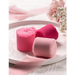 Sifleur Chiffon Ribbon, Hot Pink Pastel Pink 1.5''x21Yd Frayed Fringe Silk Ribbon for Gift Wrapping, Handmade Ribbons for Floral Vase, Halloween, Wedding, Birthday, Engagement, Bridal Shower, 3 Rolls