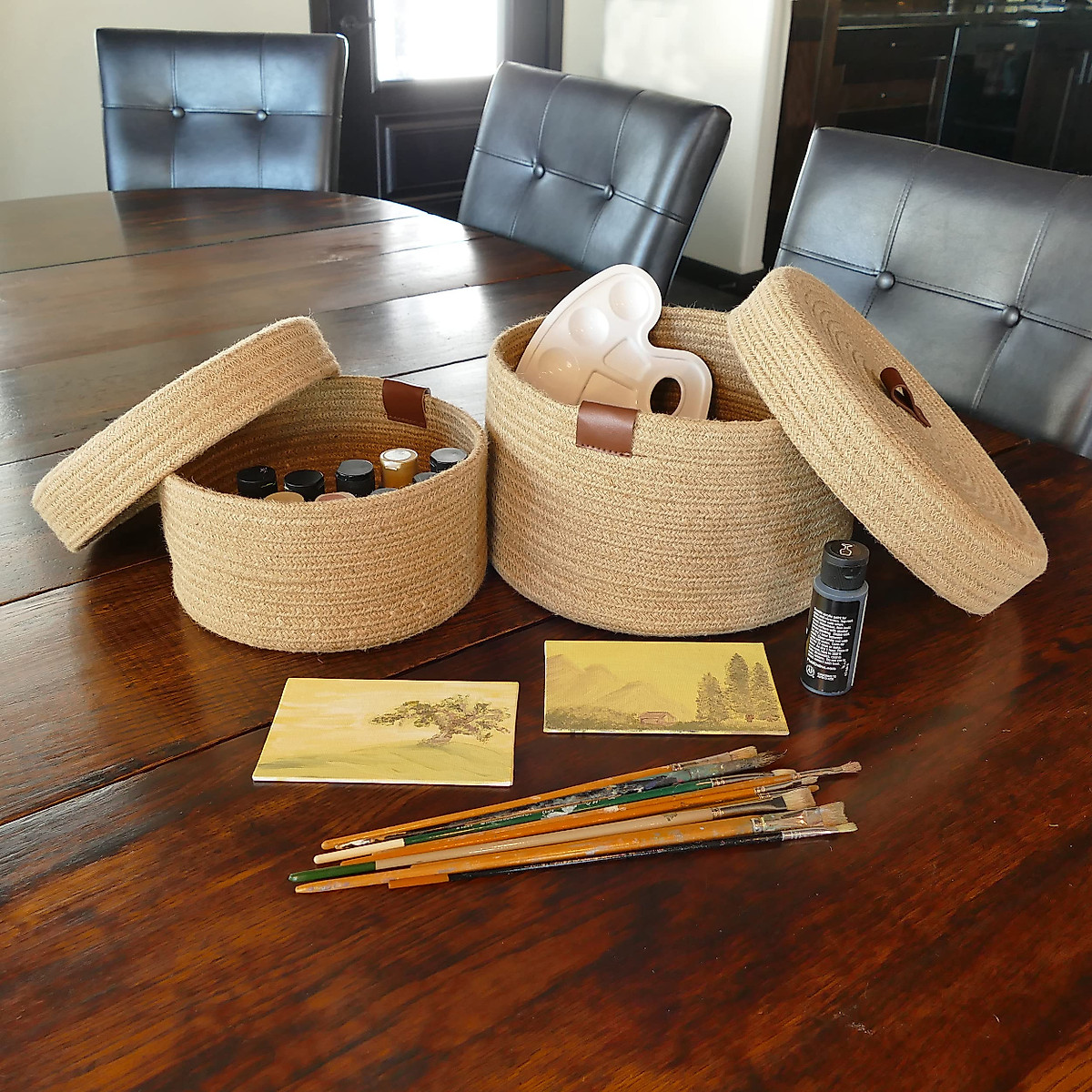 7Penn Jute Baskets - 2pc Round Decorative Natural Jute Rope Woven Storage Basket Set with Lids and Leather Tab Handle