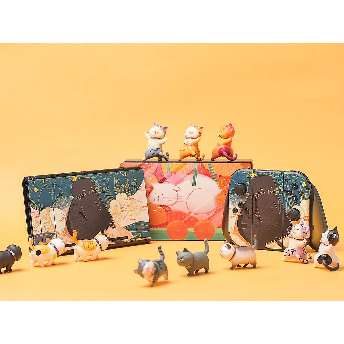 BelugaDesign Fat Cat Switch Skin | Pastel Sticker Wrap Vinyl Decal | Cute Kawaii Animal Leaves Cartoon Full Set Compatible with Nintendo Switch (Switch Standard, Multicolored)