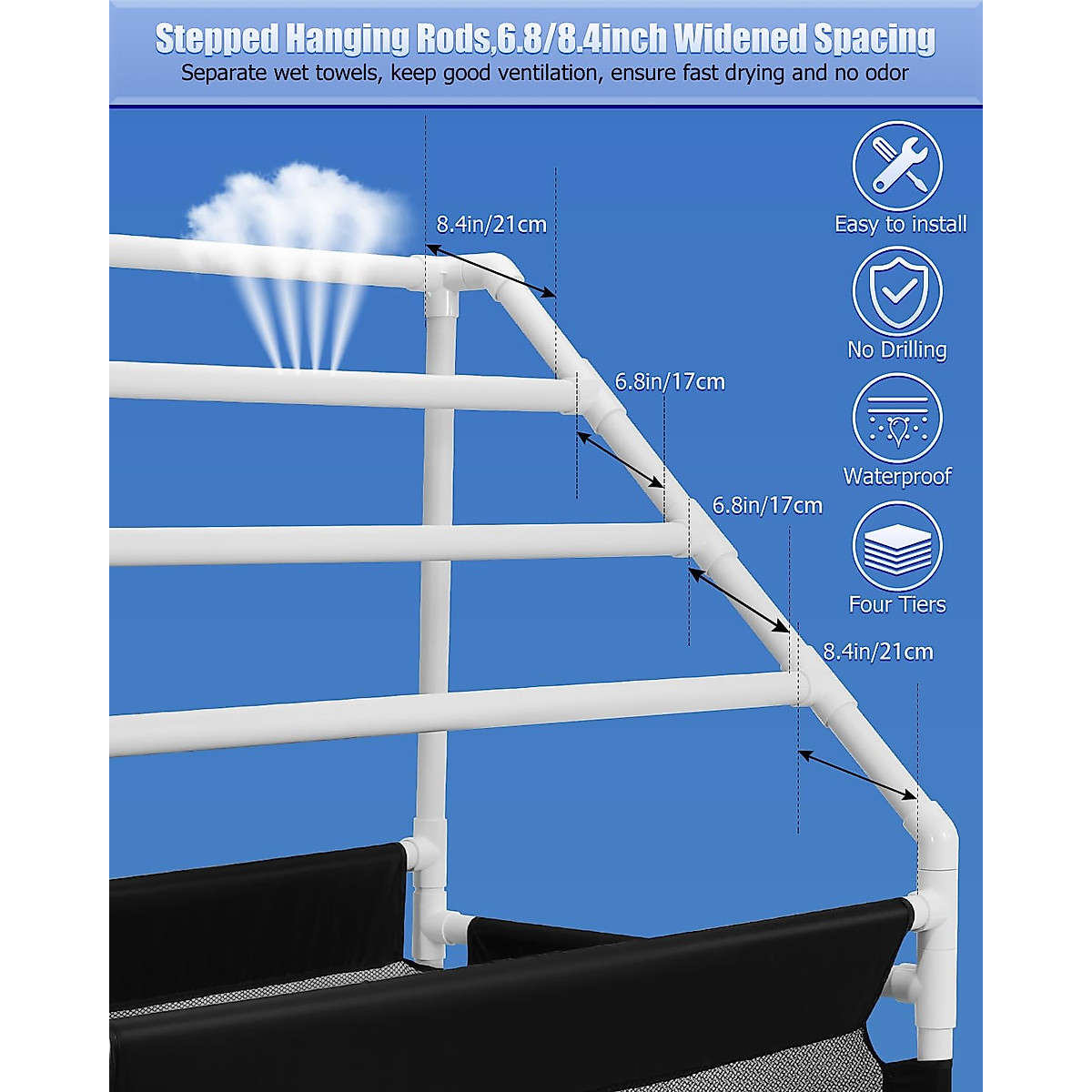 Heavy Duty Outdoor Towel Rack,Hutigertech 4 Tier Freestanding Poolside Pipe Towel Rack with Towel Rack Net,Moveable Wheels and Installation Hammer for Beaches,Swimming Pools,Bathroom