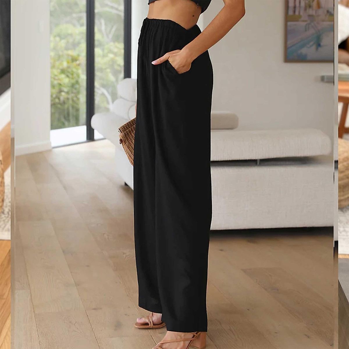 Duyang Womens Cotton Linen Palazzo Pants Drawstring Elastic Waist Casual Wide Leg Trousers with Pockets(Black,XL)