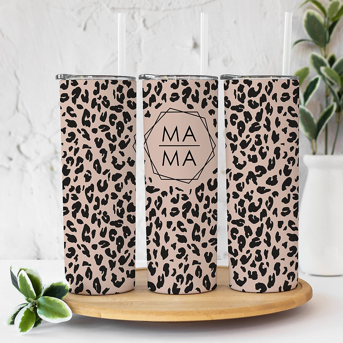 YouNique Designs Leopard Mama Coffee Tumbler with Straw and Lid, 20 Oz, Insulated Stainless Steel Skinny Tumbler for Women, Cheetah Print Mom Tea Tumbler, Mom Life Water Tumbler Cup