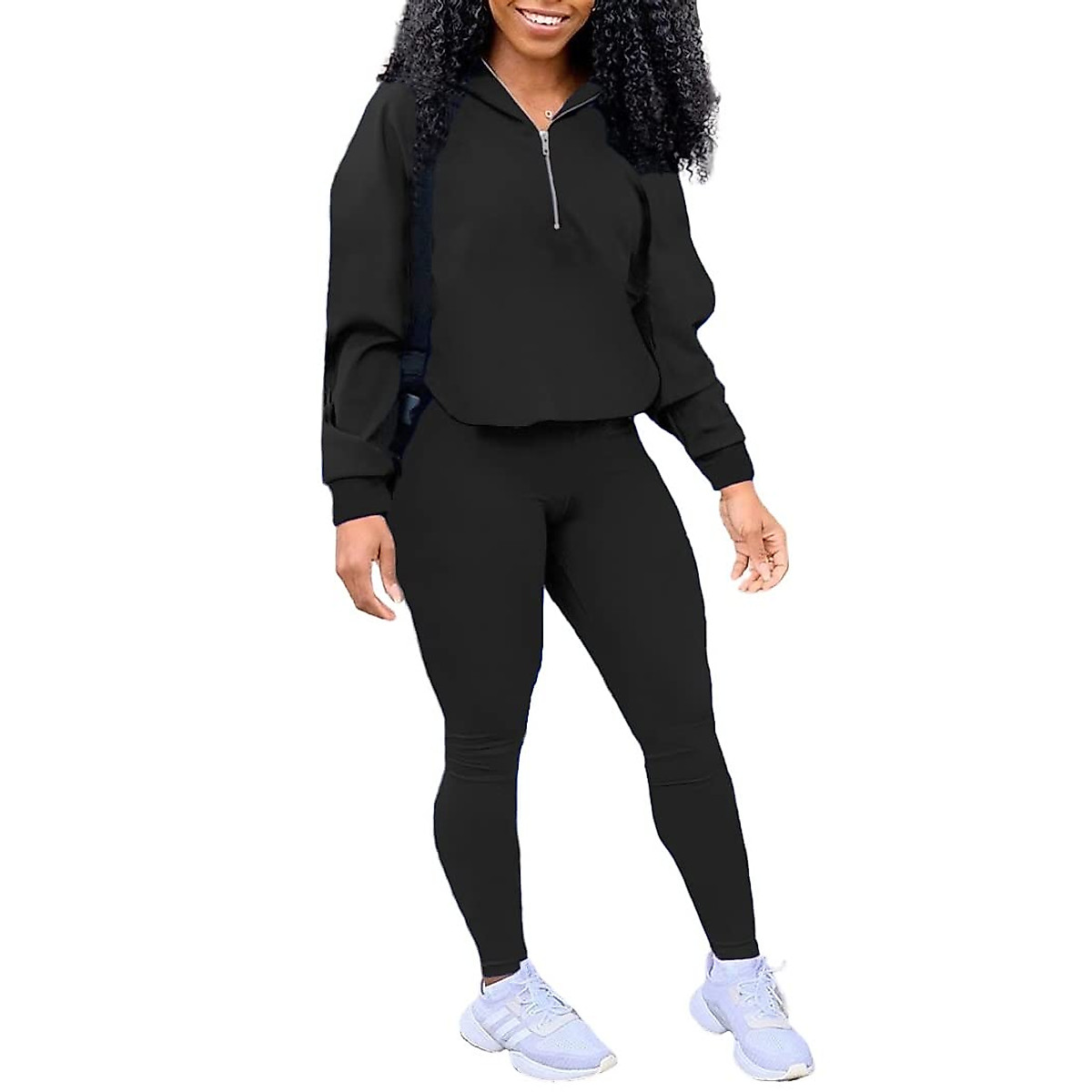 EOSIEDUR Women's Solid Sweatsuit Set Two Piece Long Sleeve Pullover and Waistband Sweatpants Sport Outfits Sets, Black Large