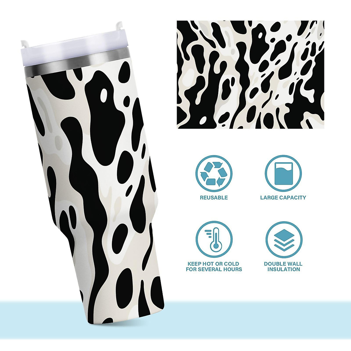 ARGTILDN 40 oz Tumbler Cow Print Spots Insulated Travel Mug with Handle and Straw Lid Stainless Steel Vacuum Coffee Cup Tea Beverage Container Water Bottles for Car Sports office