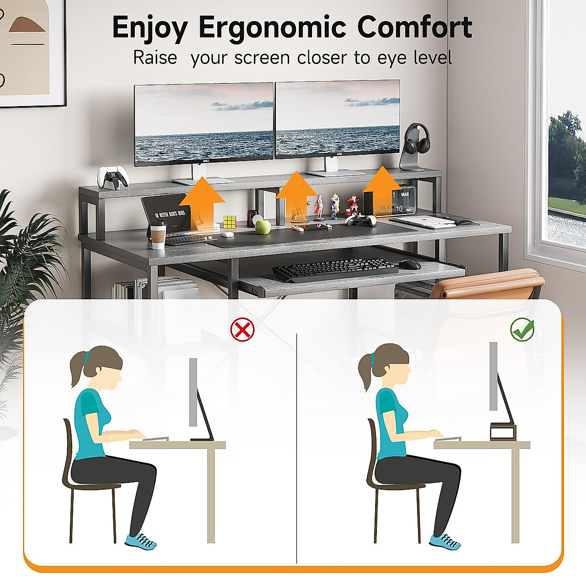 VERMESS Computer Desk- 48 Inch Home Office Desk with Keyboard Tray, 47" Gaming Desk with Full Monitor Stand & Storage Shelves & CPU Stand, Modern Study Writing Table with Shelf for Storage, Gray Oak