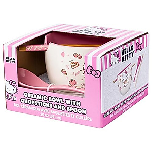 Silver Buffalo Sanrio Hello Kitty Apples and Cinnamon Ceramic Ramen Noodle Rice Bowl with Chopsticks and Spoon, Microwave Safe, 20 Ounces