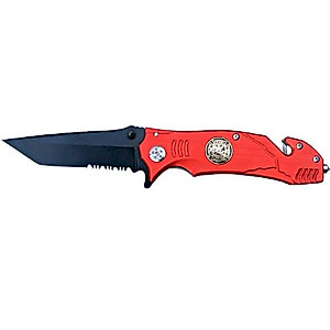 CKB Products Folding Knife - Firefighter Design - 3" Hardened Black Stainless Steel Blade - Seat Belt Cutter, Glass Breaker - 8 1/8" Open, 4 1/2" Closed