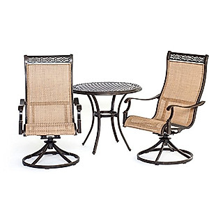 Hanover Manor 3-Piece Outdoor Patio Dining Set with 2 PVC Sling Swivel Rockers and Rust-Free Aluminum Round Bistro Table, Tan