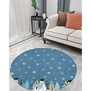 Christmas Snowman Fluffy Round Area Rug Carpets 3.3ft, Plush Shaggy Carpet Soft Circular Rugs, Non-Slip Fuzzy Accent Floor Mat for Living Room Bedroom Nursery Home Decor Blue Winter Tree Snowflake
