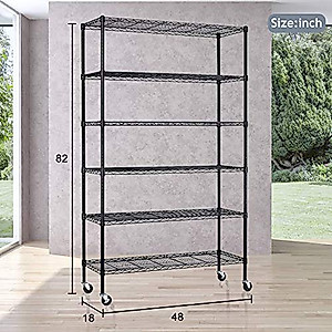 Wire Shelving Unit Storage Shelves 2100Lbs Capacity 6 Tier Metal Shelf with Wheels, NSF Adjustable Layer Rack Heavy Duty Steel Utility Shelf for Garage Kitchen Pantry Basement, Black 48"L×18"W×82"H