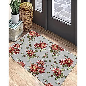 Indoor Outdoor Mats, Christmas Flowers and Leaves Tile Pattern Door Mat, Non-Slip Absorbent Resist Dirt Entrance Mat Washable Welcome Mats for Entryway, Low-Profile Floor Mats