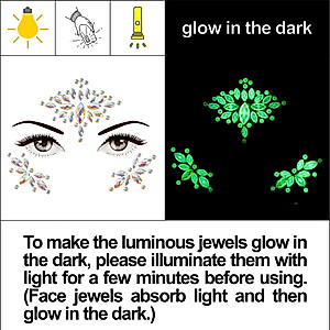 4 Sheets Euphoria Face Gems+10g Chunky Glitter, Rhinestones Stickers Glow in The Dark-Luminous Gems Body Makeup for Music Festivals Rave Carnival Cosplay Gifts for Women(2Luminous)