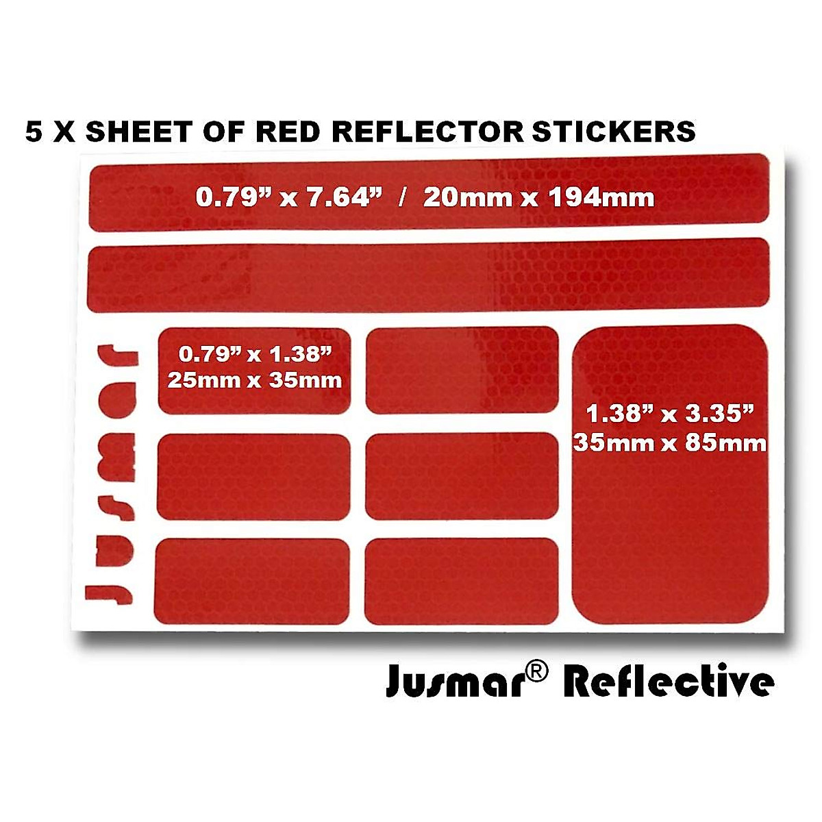 Jusmar Waterproof Red Reflective Stickers (5 Pack) 45pcs High Intensity Reflector Decals for Hard and Flat Surfaces, for Night Visibility