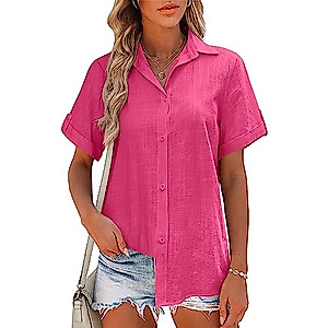 HOTOUCH Linen Shirt Women Pink Button up Shirt Oversized Button Down for Women Business Attire Watermelon Pink L