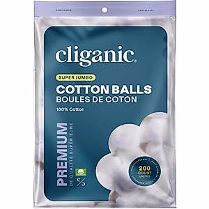 Cliganic Super Jumbo Cotton Balls (200 Count) - Hypoallergenic, Absorbent, Large Size, 100% Pure (Packaging May Vary)