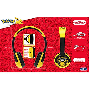 eKids Pokemon Pikachu Kids Bluetooth Headphones, Wireless Headphones with Microphone Includes Aux Cord, Volume Reduced Kids Foldable Headphones for School, Home, or Travel, Yellow