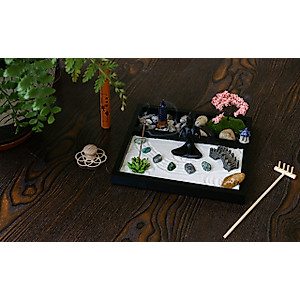 Desktop Meditation Yoga Zen Garden Kit Japanese Tabletop Rock Sand Chakra Shrine Altar Japanese Zen Decor Home Office Desk Zen Gifts for Women Man Birthday w/Rake Tool Accessories Bonsai
