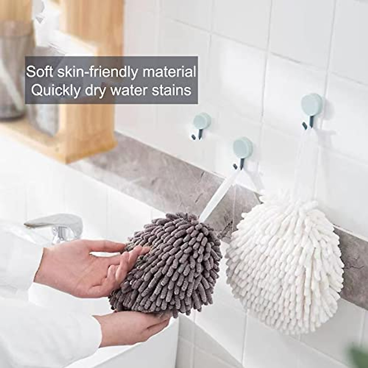 kitgaga Hand Towels for Bathroom Decorative Set,2-Pack Chenille Hanging Hand Towel Ball Microfiber Plush Absorbent Soft Small Bath Towel with Loop for Kitchen Washstand or Powder Room(Grey and White)