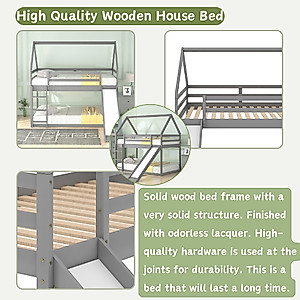 Harper & Bright Designs Twin Bunk Beds for Kids,Wood House Bunk Bed Twin Over Twin,Kids Bunk Bed with Slide and Roof for Girls Boys,Grey