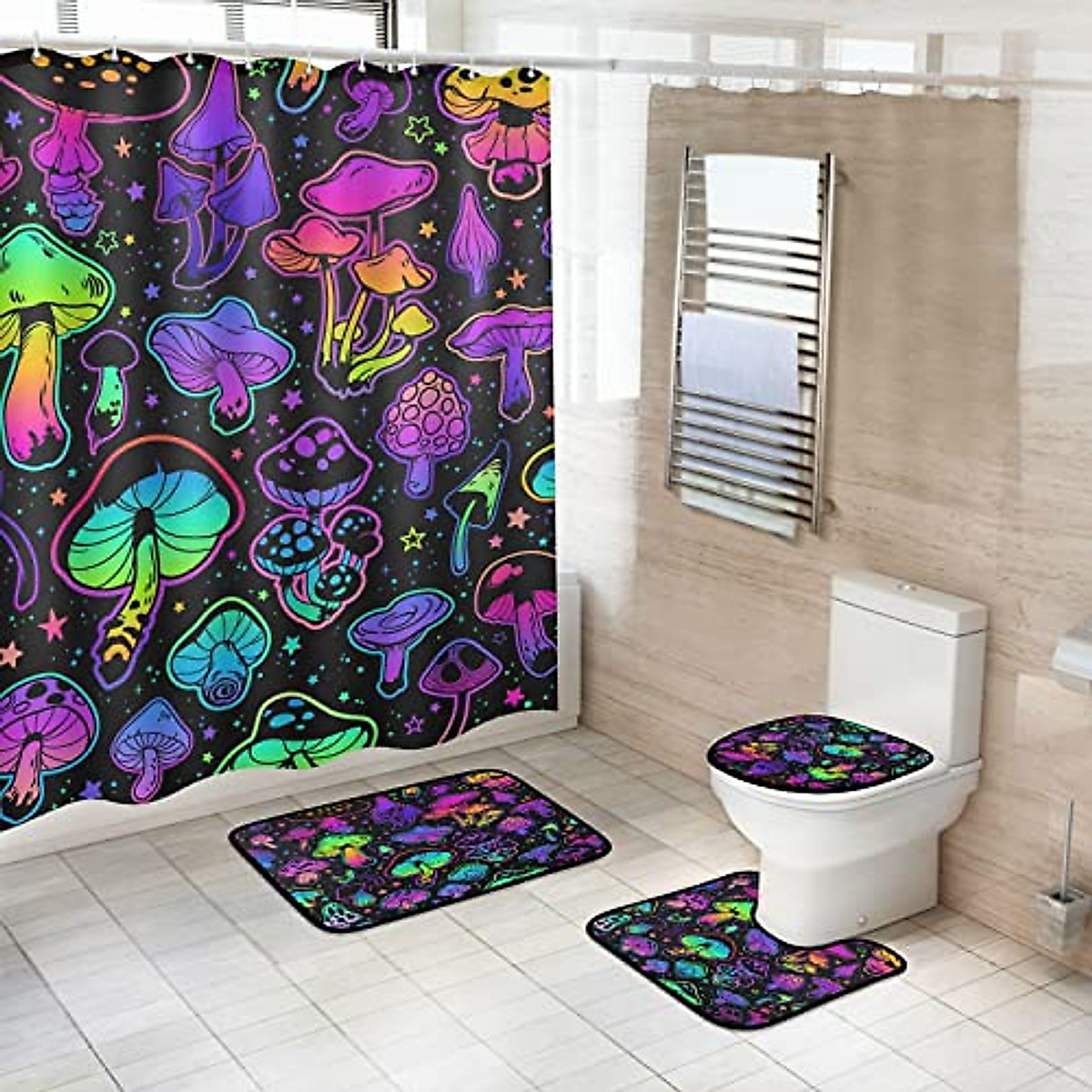 4PCS Bright Psychedelic Mushrooms Shower Curtain Set with Non-Slip Rugs, Toilet Lid Cover and Bath U-Shaped Mat, Bathroom Decor Set Accessories Waterproof Shower Curtain Sets with 12 Hooks