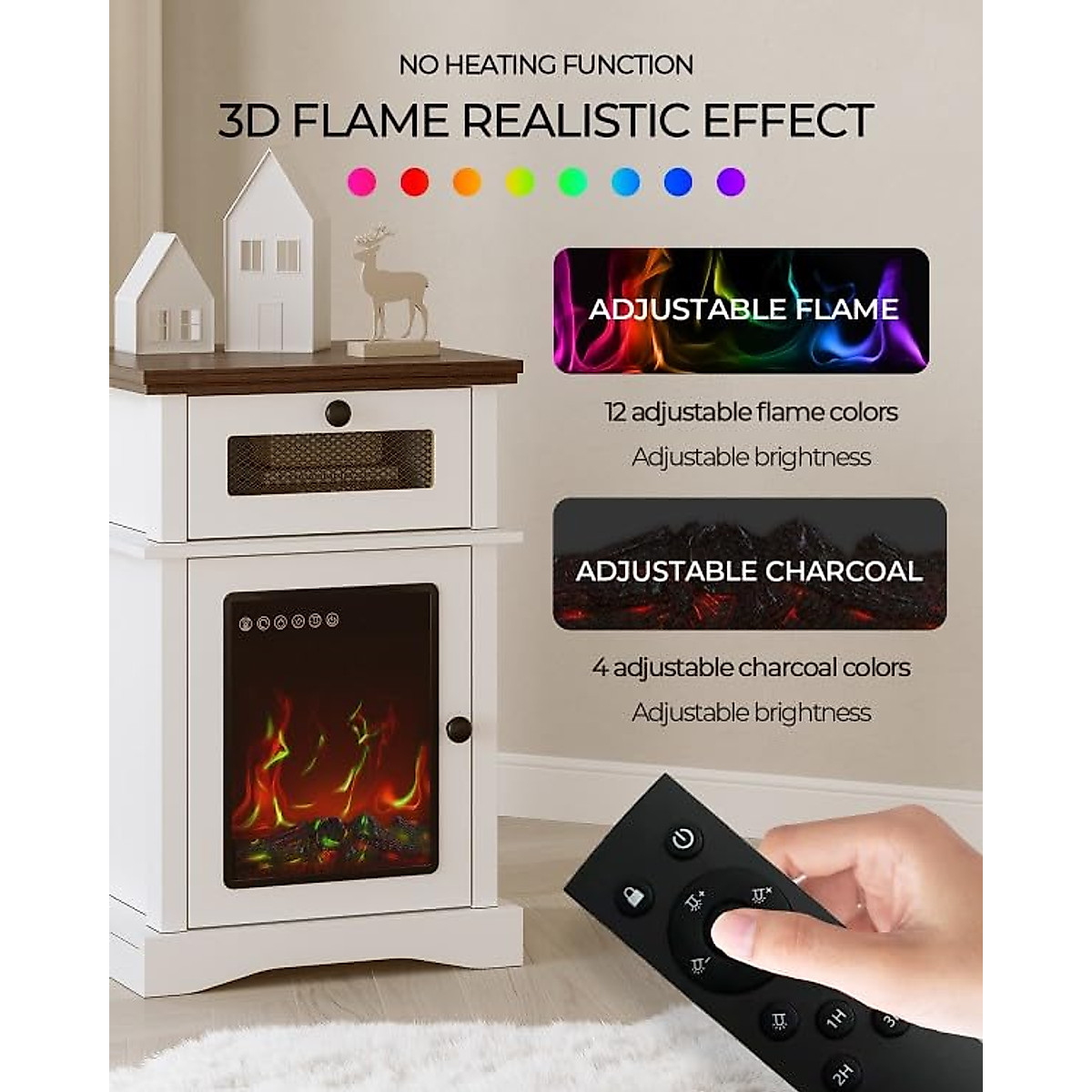 i-aplus White LED Nightstand Farmhouse Night Stand Fireplace Night Stand with Drawer LED Bedside Tables for Bedroom End Table