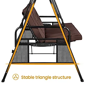 Yaheetech 3-Seat Outdoor Patio Swing Chair, Deluxe Outdoor Patio Porch Swing with Weather Resistant Steel Frame, Adjustable Tilt Canopy for Patio Garden Poolside Balcony Backyard, Dark Brown