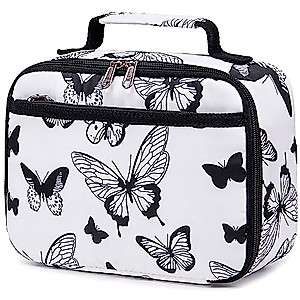 LEDAOU Lunch Bag Kids Insulated Lunch Box Girls Insulated Reusable Lunch Bag for School Picnic Hiking Work (Butterflies White)