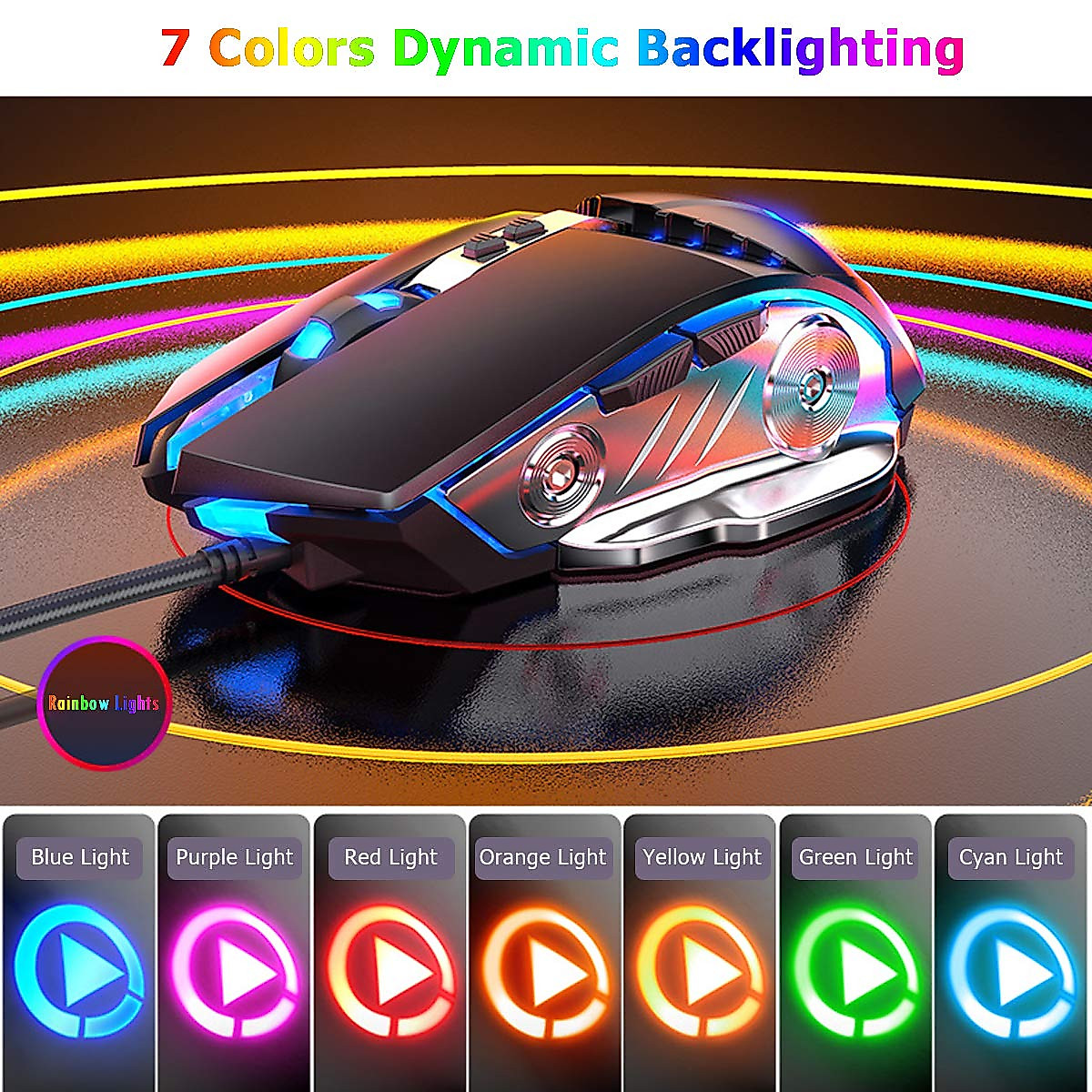 Censprin Gaming Mouse USB Wired RGB Backlit Silent Click Gamer Mouse with 4 Adjustable DPI Up to 3200, Comfortable Grip Ergonomic Optical Gaming Mice for Laptop PC Gamer Computer Desktop