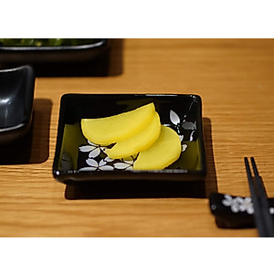 Cinf Ceramic Japanese Cherry Blossom Salad Sauce Rectangular Sushi Dish Set of 4 Plates Black Snack Bowls Appetizer Seasoning Serving for Kitchen Home