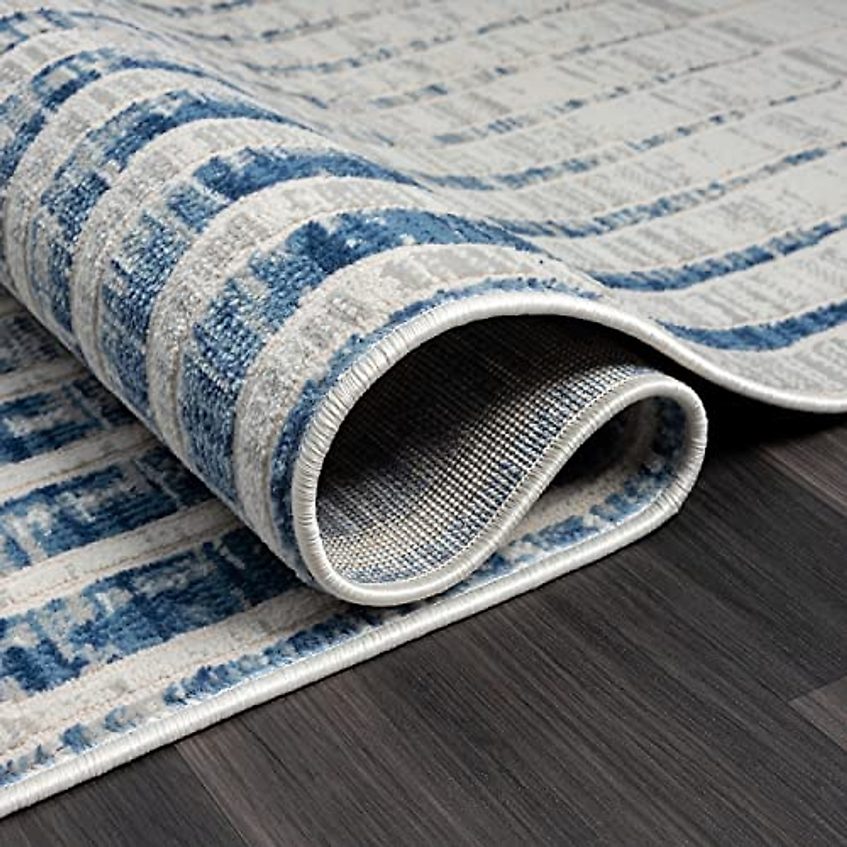 Abani Atlas 4'x6' Blue/Grey Area Rug, Striped Design - Durable Non-Shedding - Easy to Clean