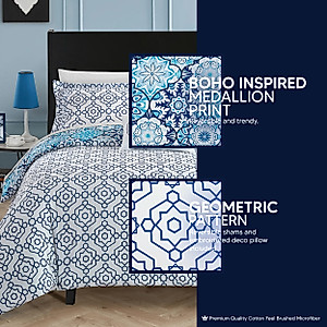 Chic Home Bristol 4 Piece Reversible Cover Set 100% Cotton Bohemian Inspired Contemporary Geometric Print Zipper Closure Bedding, Queen Duvet, Blue
