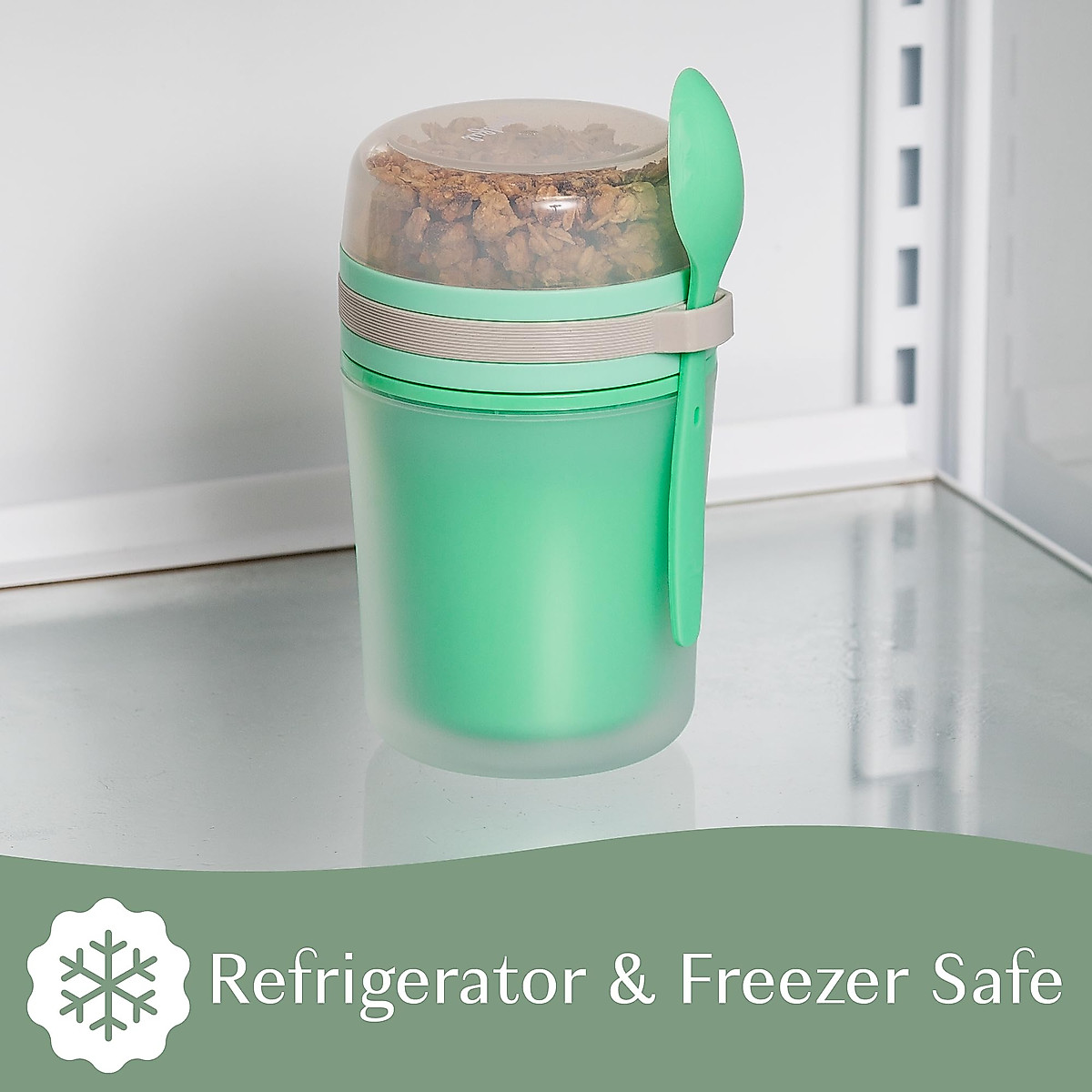 Goodful Double Wall Insulated Yogurt Container, Leak Proof Food Storage, Snack Container with Reusable Plastic Spoon, Microwave Safe, Dishwasher safe, Freezer Safe, 14-Ounce, Green