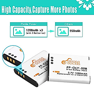 Pickle Power 3 Pack Li-50B D-LI92 Batteries and 3 Channel LED Battery Charger Replacement for Olympus Stylus Tough 6020 8000 8010 and Stylus 1020 1030 9000 SP-720UZ SZ-10 SZ-11 SZ-12 SZ-15 SZ-16 SZ-20