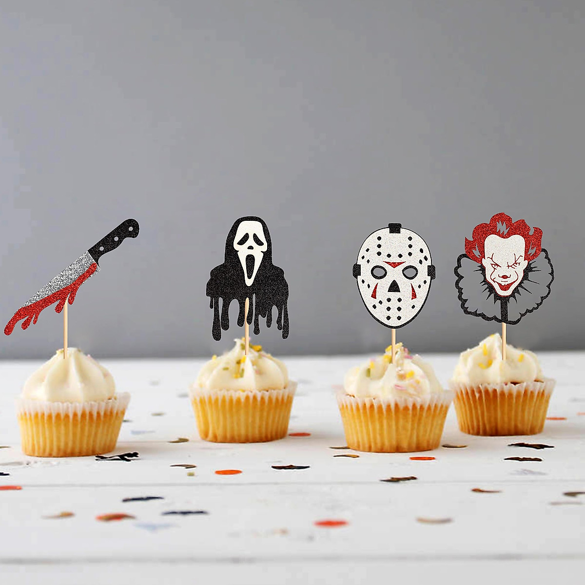 Ercadio Horror Movie Cupcake Toppers, 24pcs Glitter Ghost Picks for Halloween, Birthday Party Cake Decorations Supplies