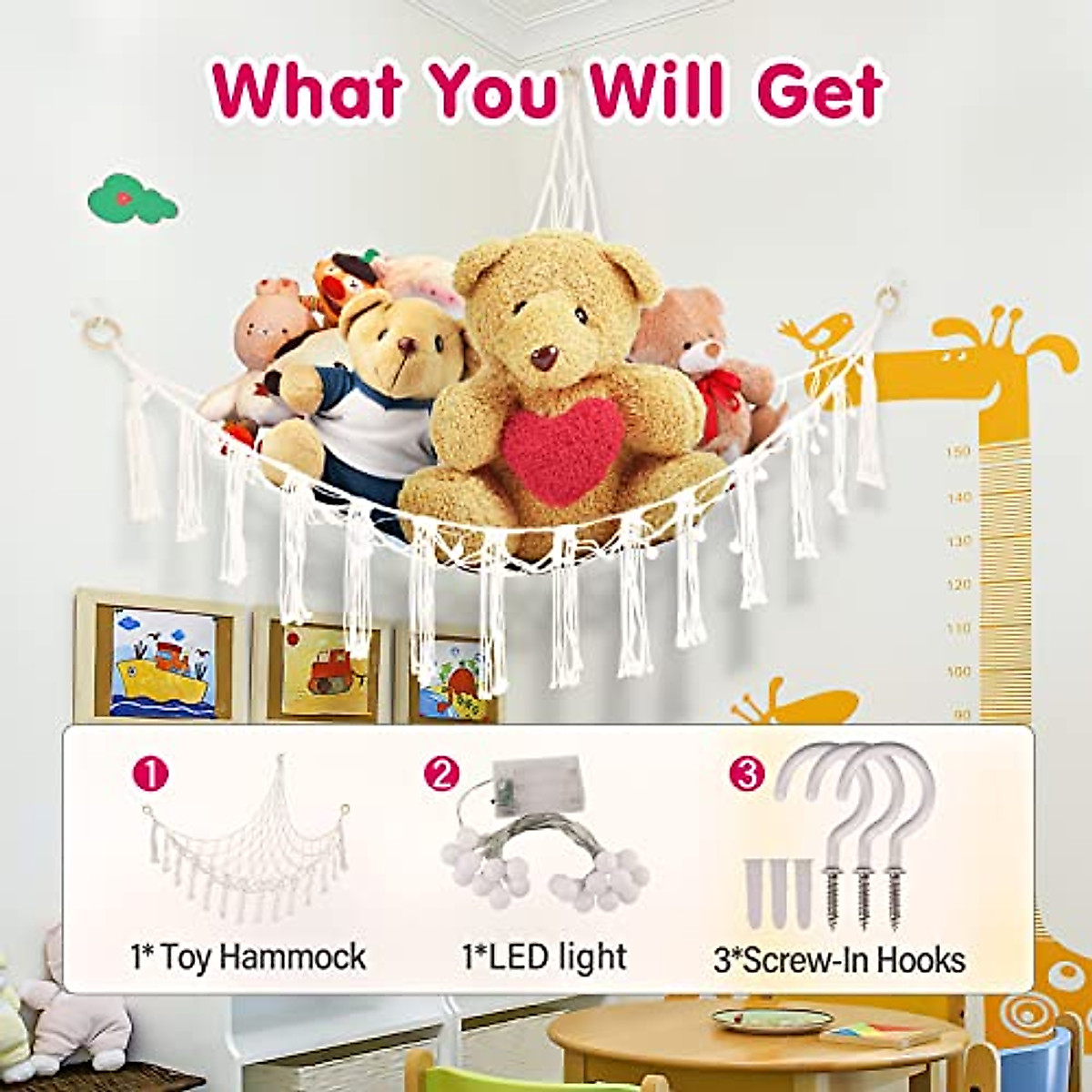 Weraher Toy Hammock Stuffed Animals Storage, Hanging Corner Mesh for Toy, Macrame Boho Teddy Bear Storage with LED Light for Boys Girls for Bedroom Nursery Playroom (White)