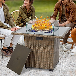 Kinsunny Outdoor Square Propane Gas Fire Pit Table, 30" Fire Pit Table Brown Firepits for Outside Patio with Cover,Blue Fire Glass