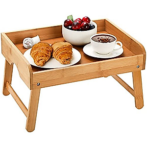 Lawei 2 Pack Bamboo Bed Tray Table with Foldable Legs, Portable Lap Tray Table for Serving Breakfast in Bed, Food Snack Tray for Bed, Sofa, Outdoor, Working, Eating, Drawing, Ideal for Kids, Adult