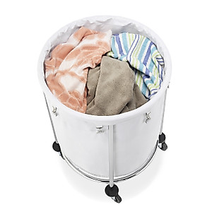 Whitmor Round Commercial Removable Liner and Heavy Duty Wheels-Chrome Laundry Hamper, Silver and White