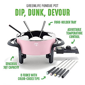 GreenLife 14 Cup Electric Fondue Maker Pot Set For Cheese, Chocolate, and Meat, 8 Color Coded Forks, Healthy Ceramic Nonstick, Adjustable Temperature Control, PFAS-Free, Pink