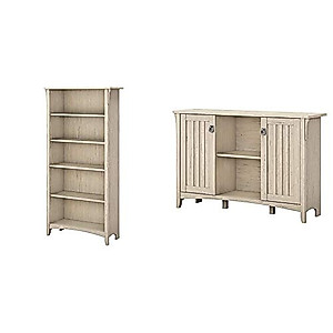 Bush Furniture Salinas 5 Shelf Bookcase in Antique White & Salinas Accent Storage Cabinet with Doors in Antique White