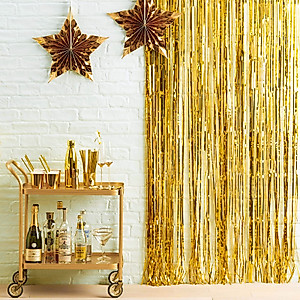 PartyWoo Foil Curtain Gold, 2 pcs 3.3x6.6 ft Gold Streamers, Tinsel Curtains, Fringe Backdrop, Tinsel Backdrop for Birthday Party, Christmas Photo Backdrop